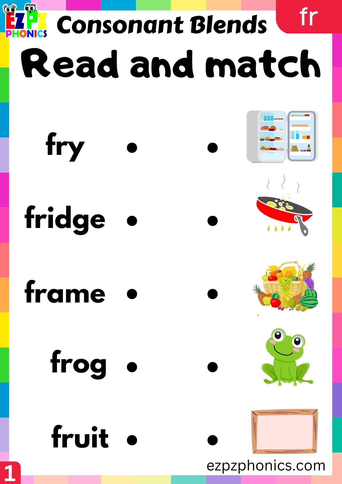 Group1 FR Words Read And Match Phonics Consonant Blends Worksheet - ezpzphonics.com